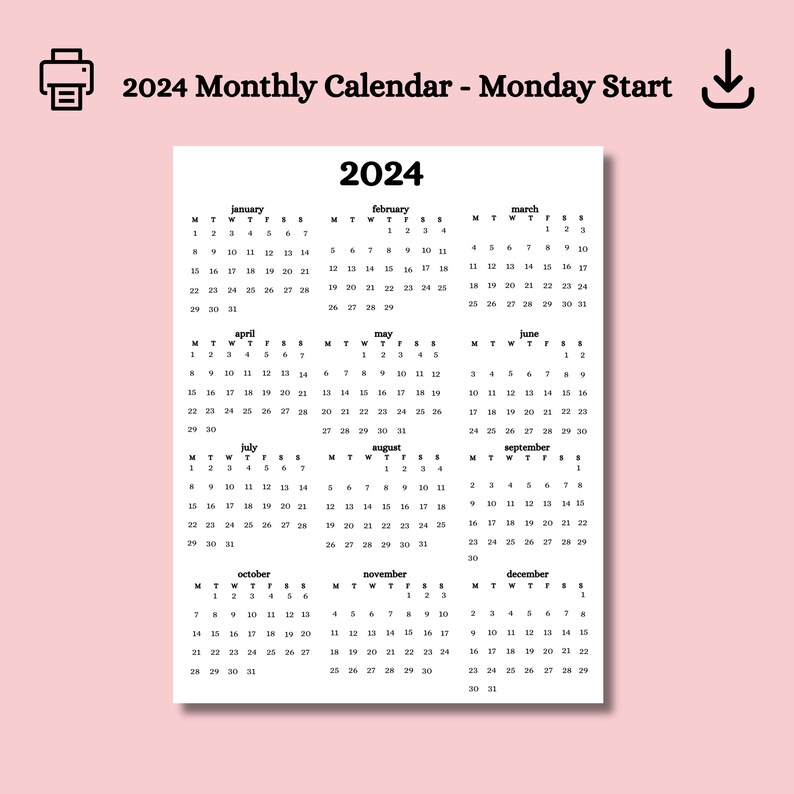 2024 Wall Calendar, Printable Letter Size Download, Monday Start ...