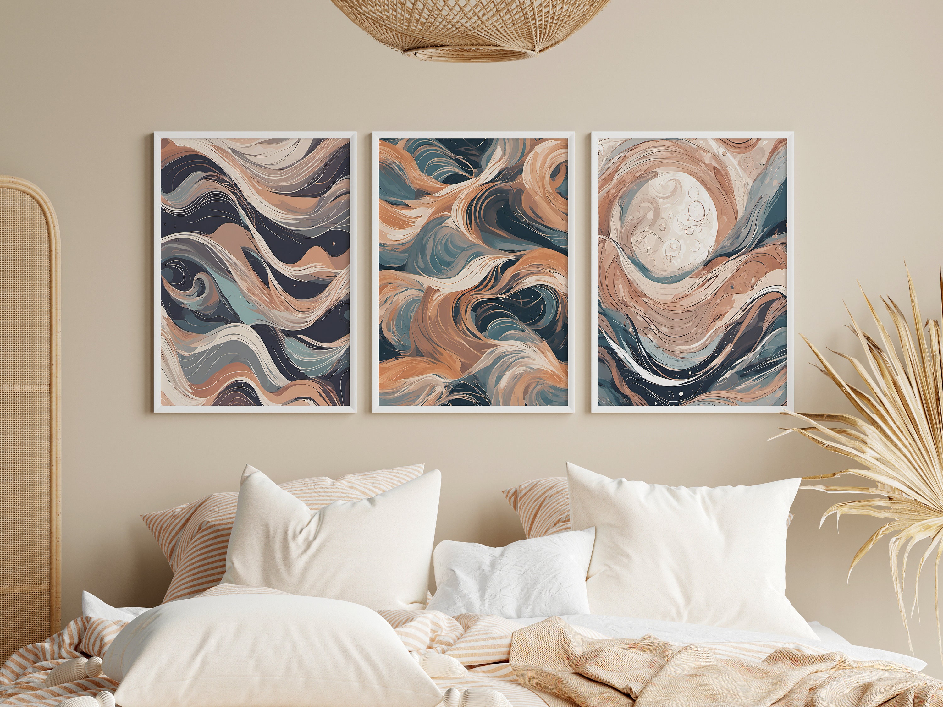 Abstract Wave Wall Art Set of 3,bstract Bedroom Print,colorful Wall Art, Printable Abstract Set ...