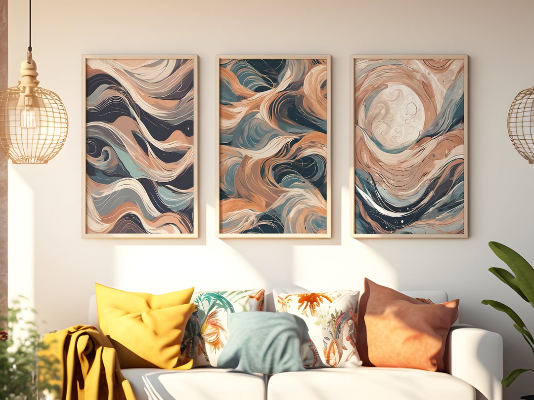 Abstract Wave Wall Art Set of 3,bstract Bedroom Print,colorful Wall Art, Printable Abstract Set ...