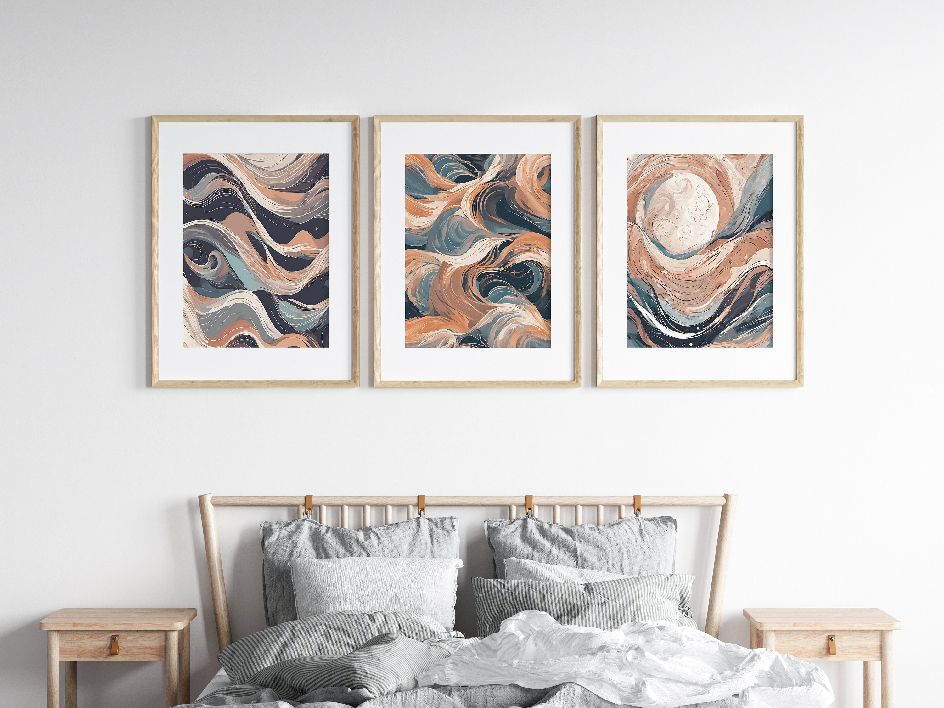 Abstract Wave Wall Art Set of 3,bstract Bedroom Print,colorful Wall Art, Printable Abstract Set ...