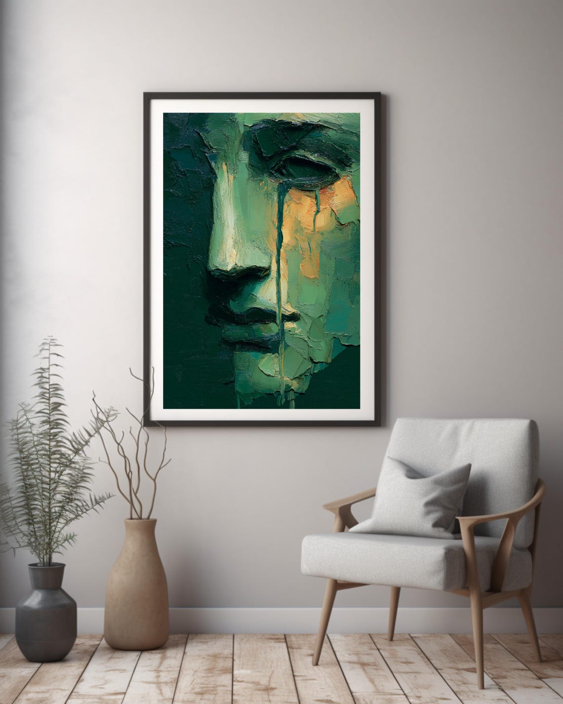 Melancholic Green Face Abstract Art Print: Emotional Interior Design ...
