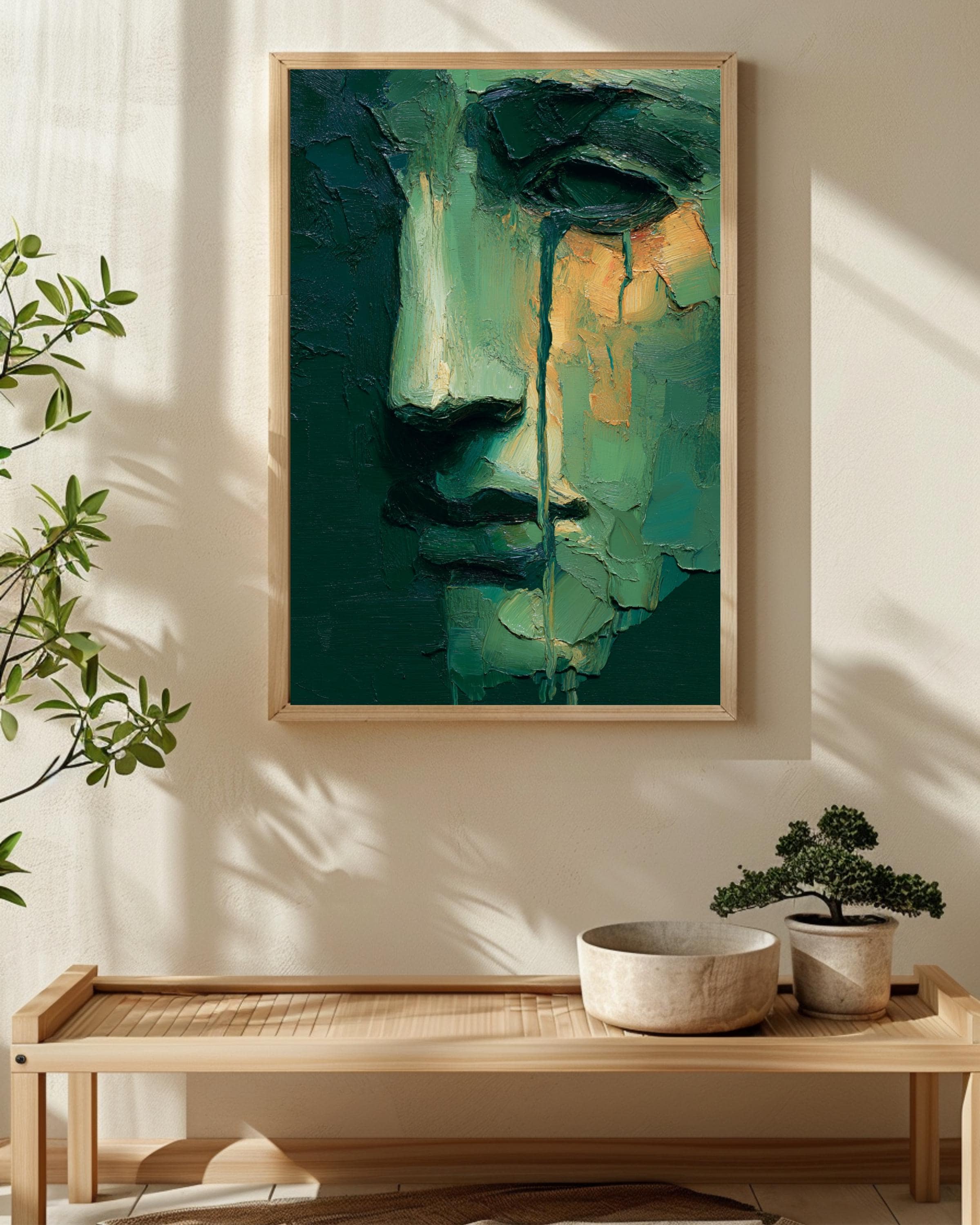 Melancholic Green Face Abstract Art Print: Emotional Interior Design ...