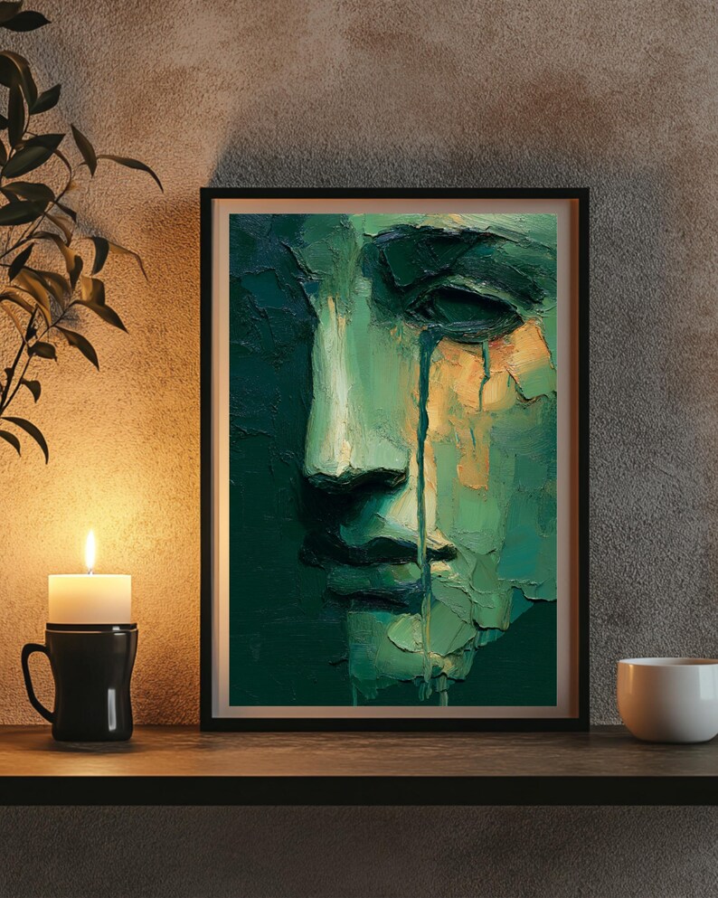 Melancholic Green Face Abstract Art Print: Emotional Interior Design ...