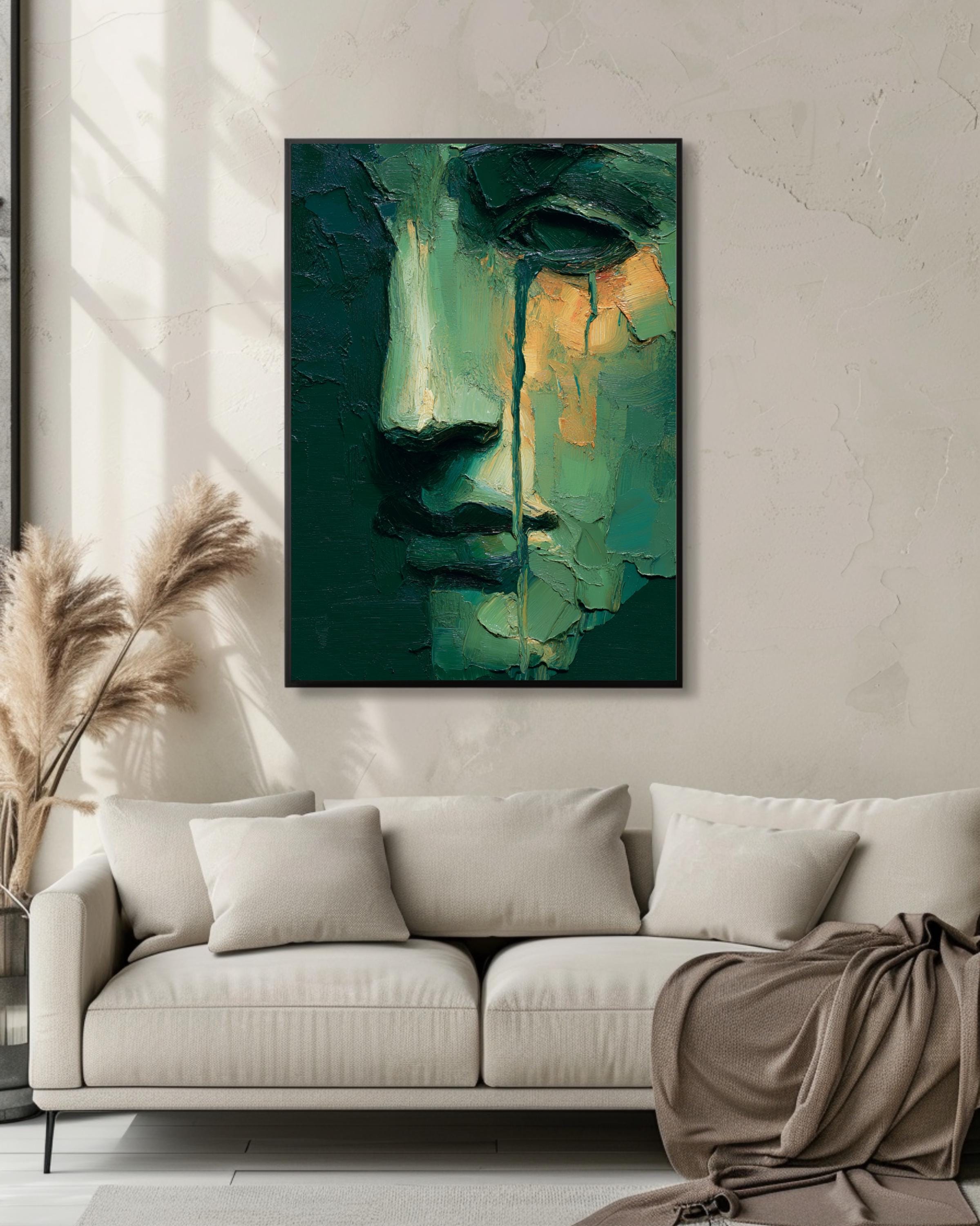 Melancholic Green Face Abstract Art Print: Emotional Interior Design ...