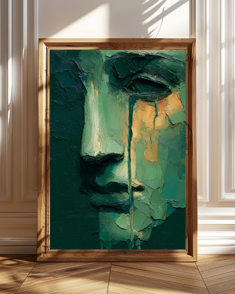 Melancholic Green Face Abstract Art Print: Emotional Interior Design ...