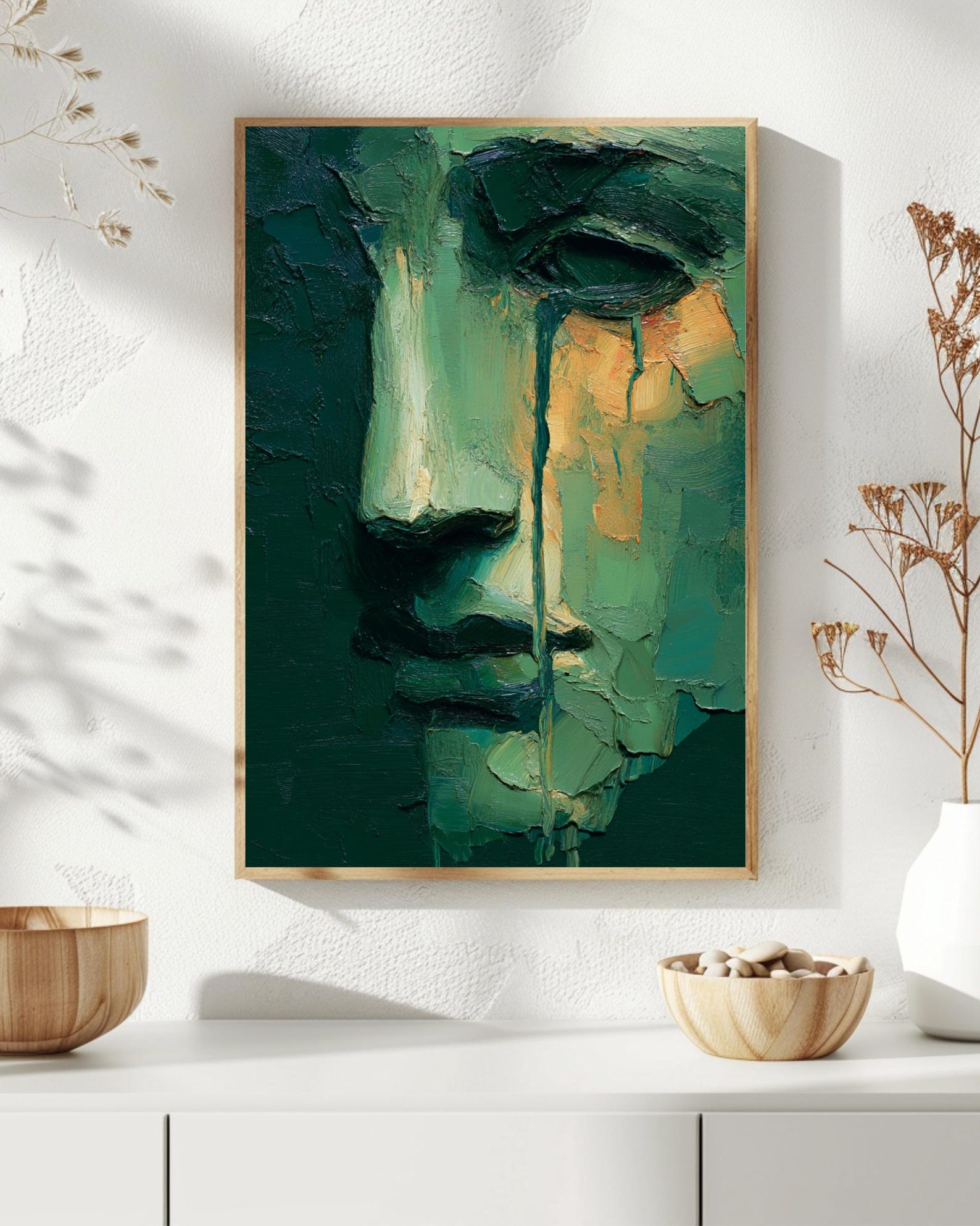 Melancholic Green Face Abstract Art Print: Emotional Interior Design ...