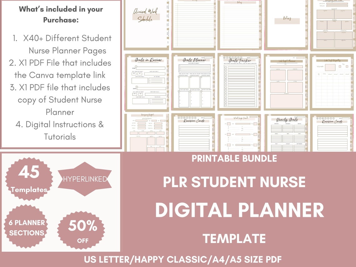 PLR Student Nurse Digital Planner to Resell, Undated Hyperlinked ...
