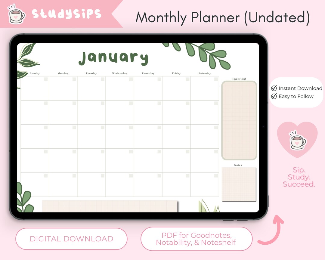 Monthly Planner (goodnotes Template, Undated Monthly Planner, Monthly ...