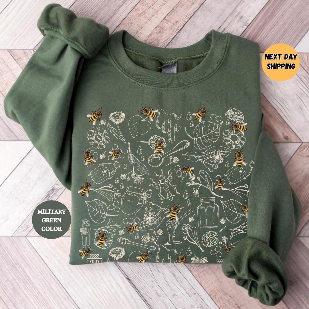 Vintage Bee Sweatshirt: Botanical Honeycomb Doodle, Honey Bees Sweater ...