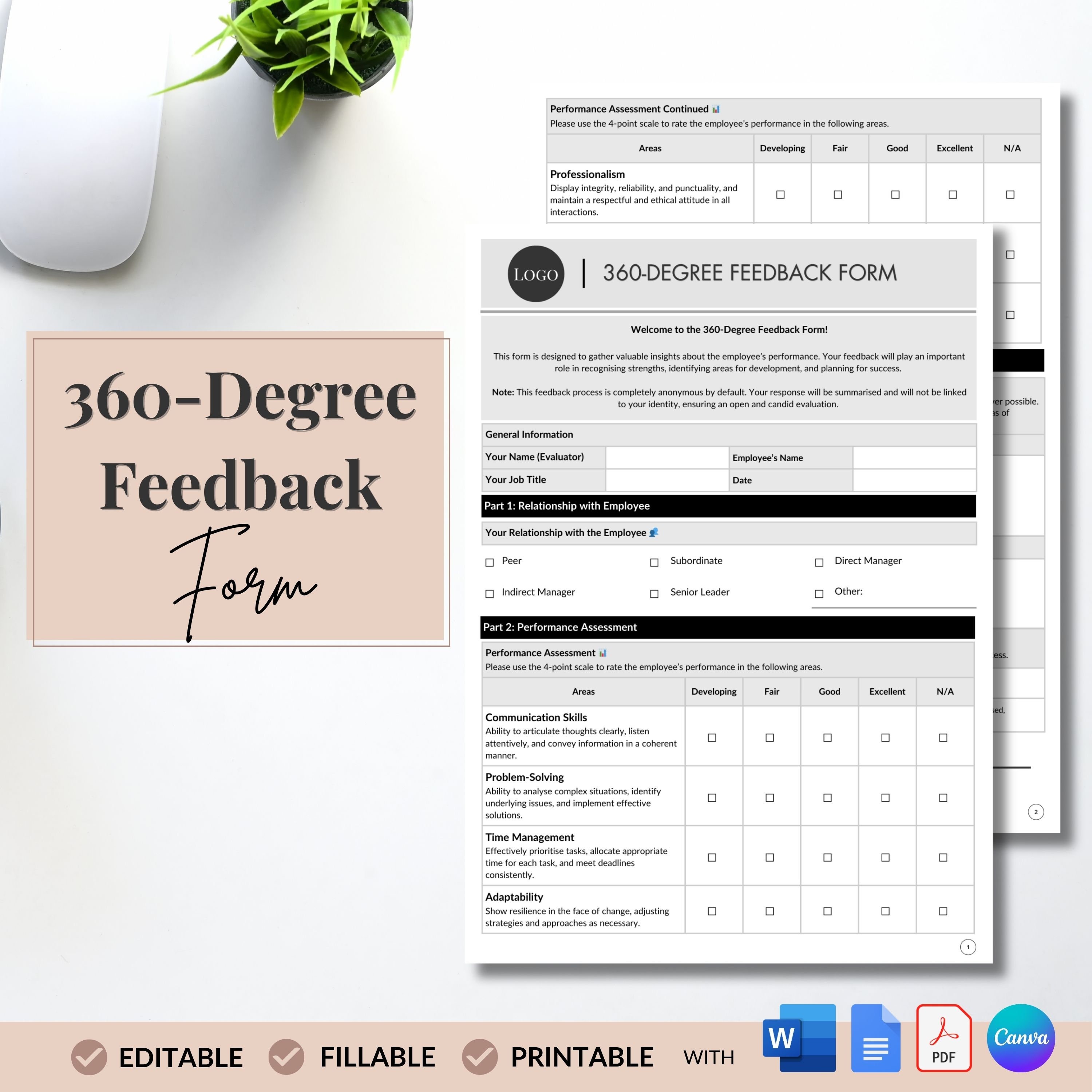 Employee Performance 360-degree Feedback Form Performance Evaluation Development Tool Multiple ...