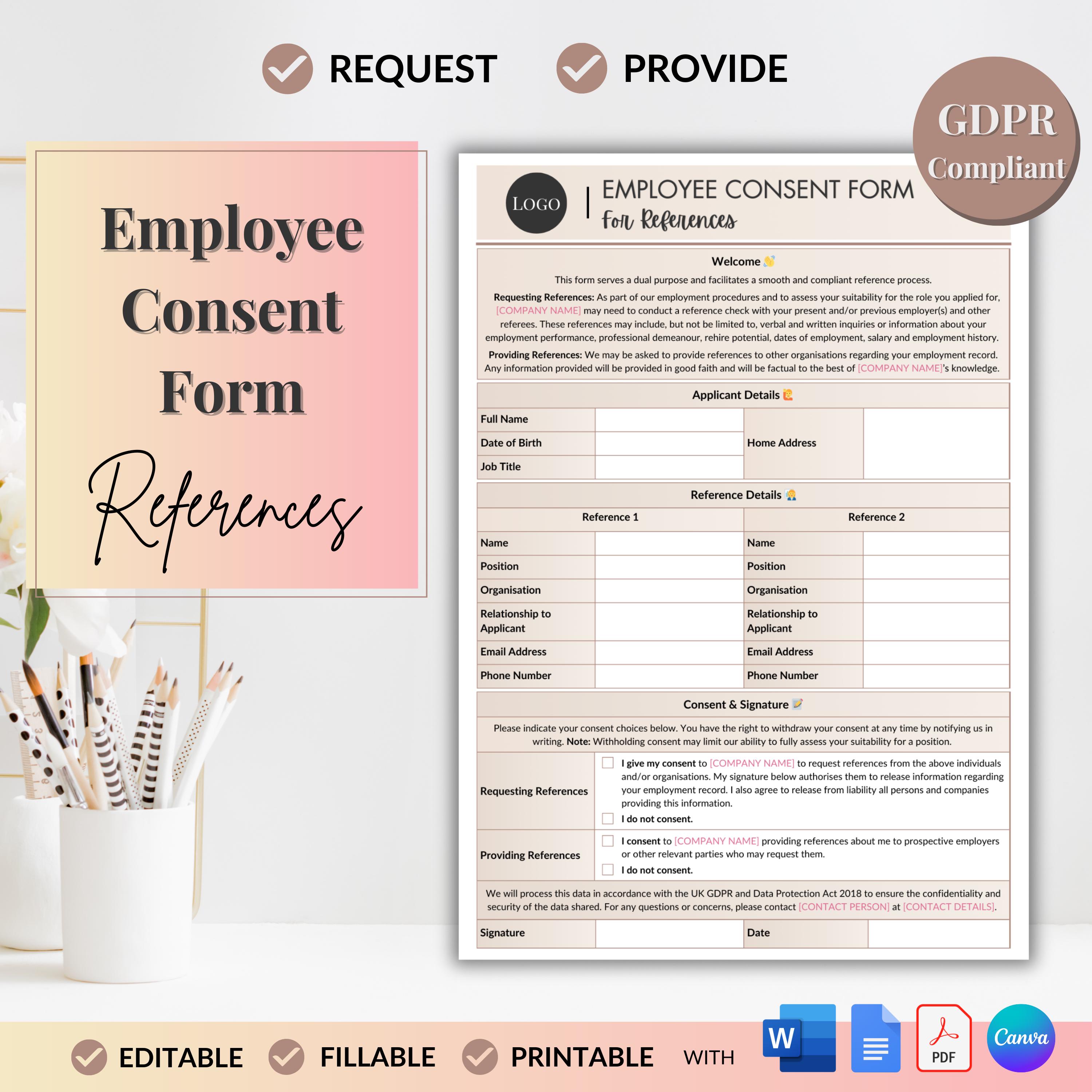 2-in-1 Employee Reference Consent Form GDPR Pre Employment Checks ...