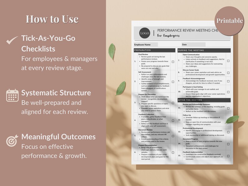 Employee Performance Review Meeting Checklists for Managers (printable ...