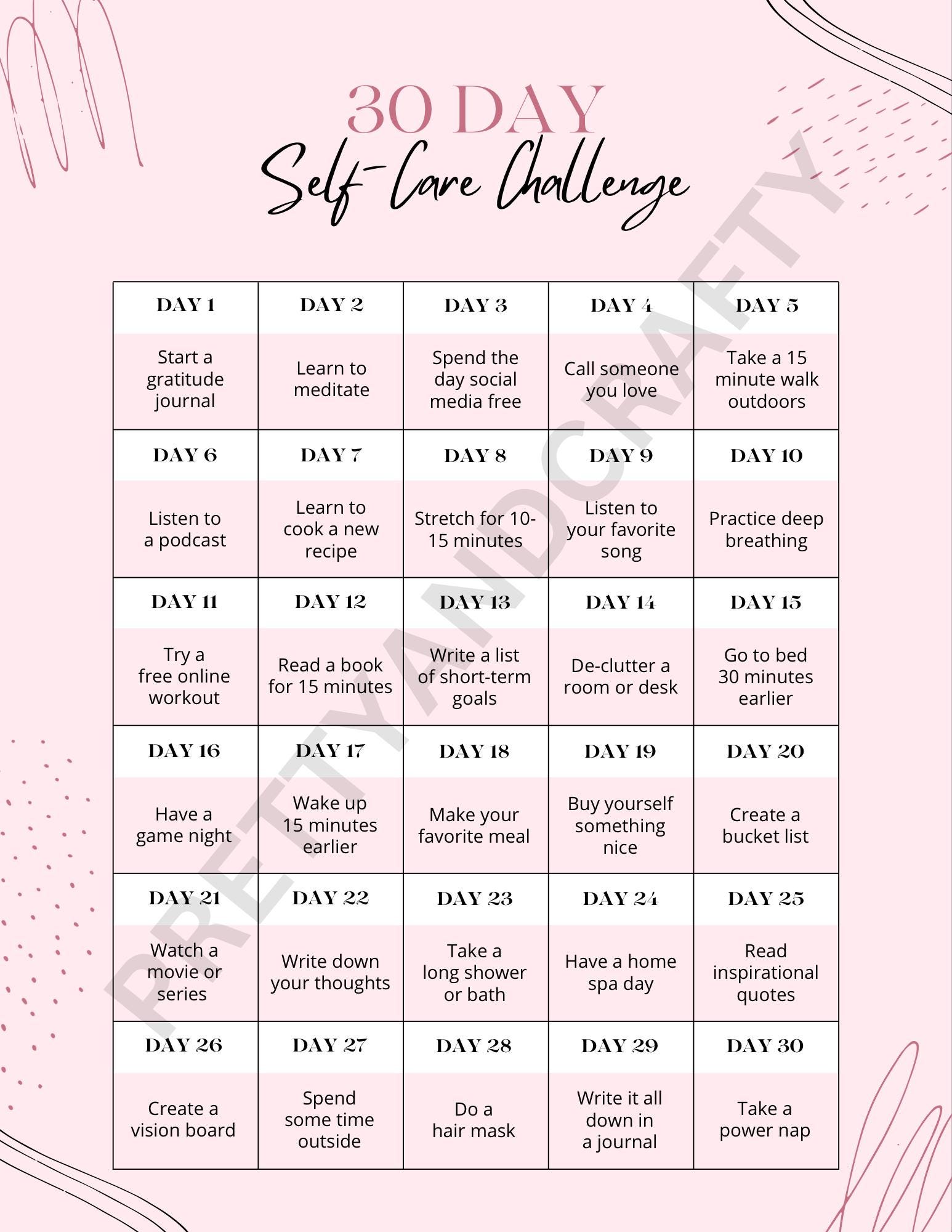 30 Day Self Care Challenge Habit Checklist Sheet, Self Care Goals, Self ...