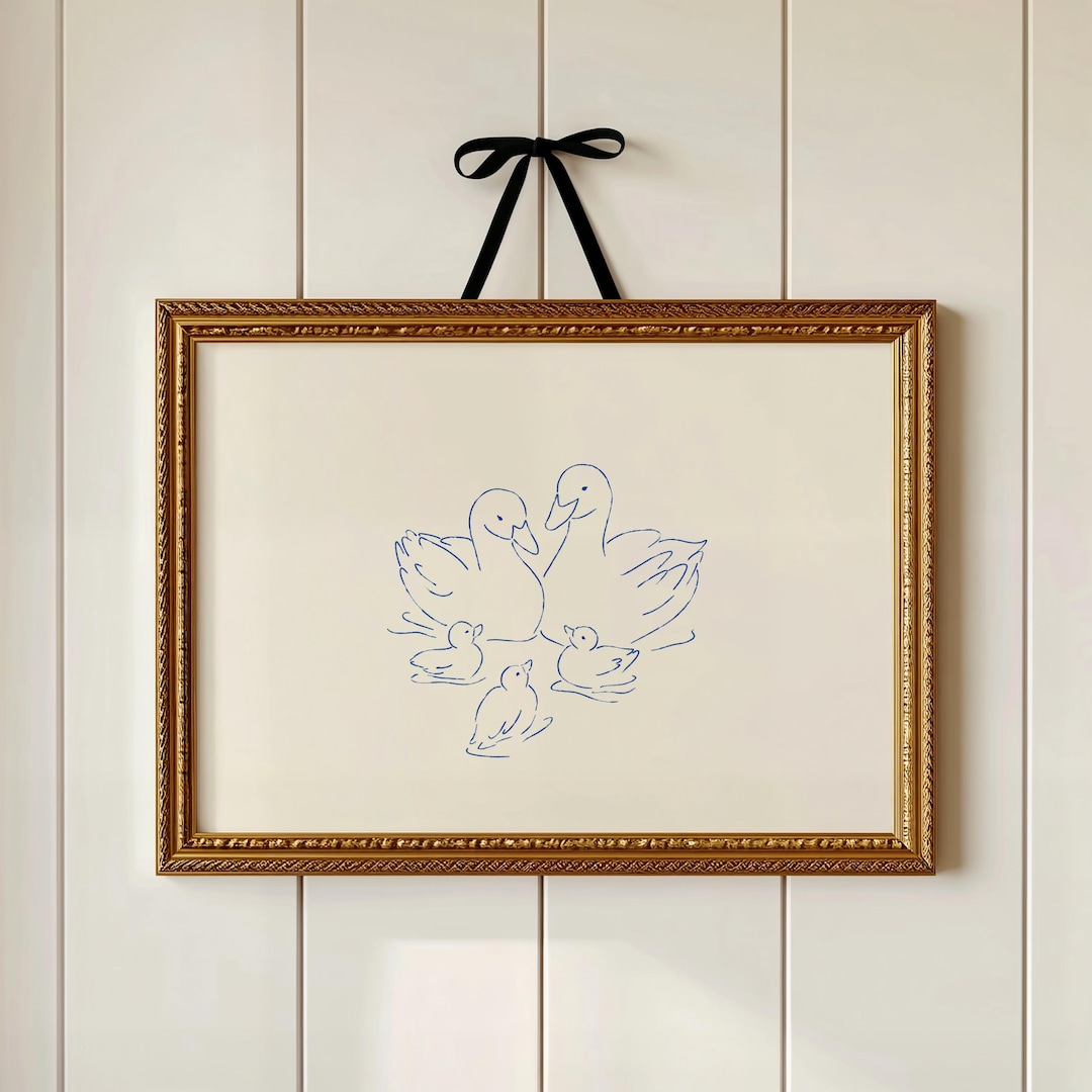 Indigo Blue Line Art Duck Family Portrait Vintage Mother Duck Print ...