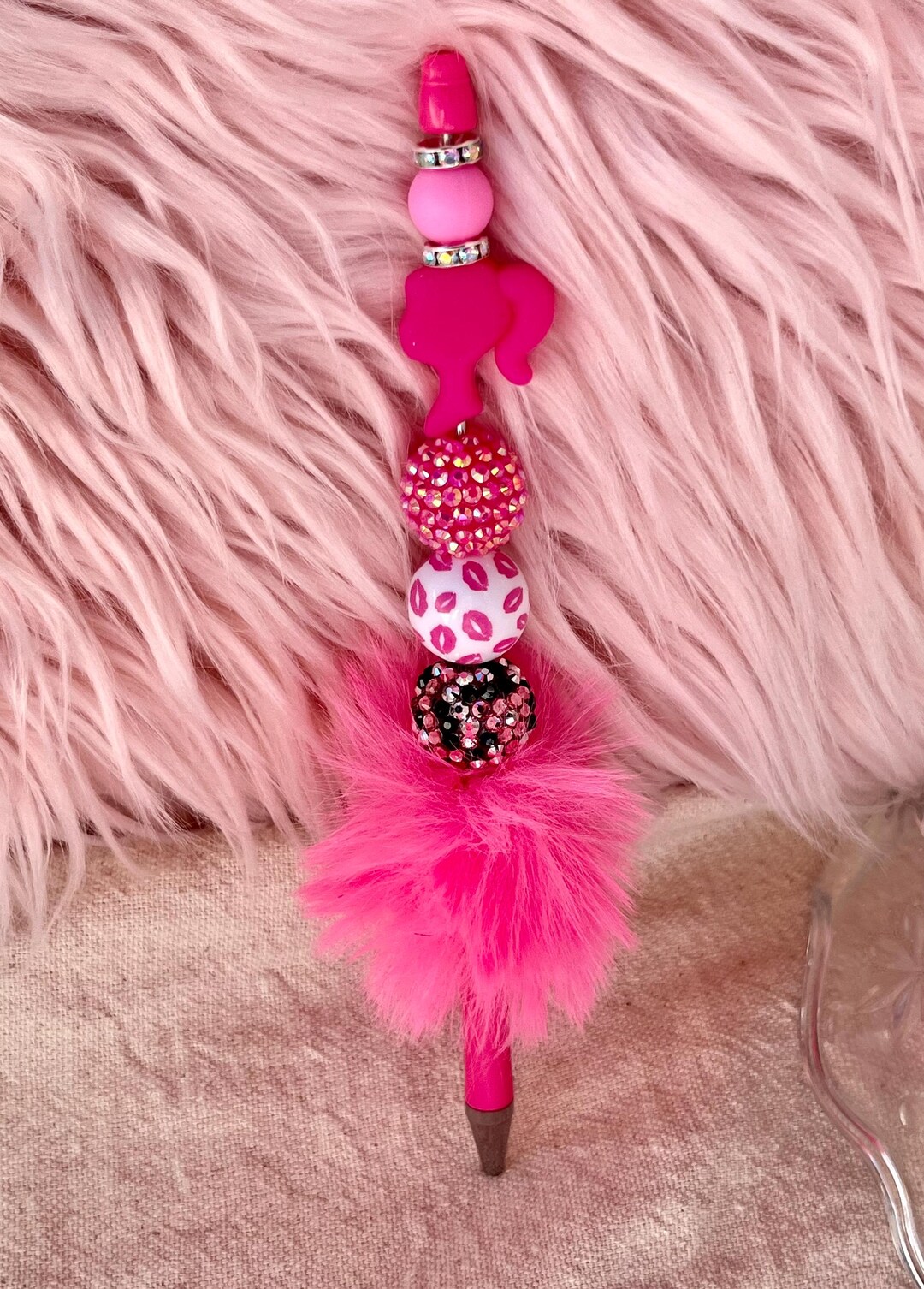 Barbie Inspired Hot Pink / Black Rhinestones Fluffy Pen Lips Scrapbook ...