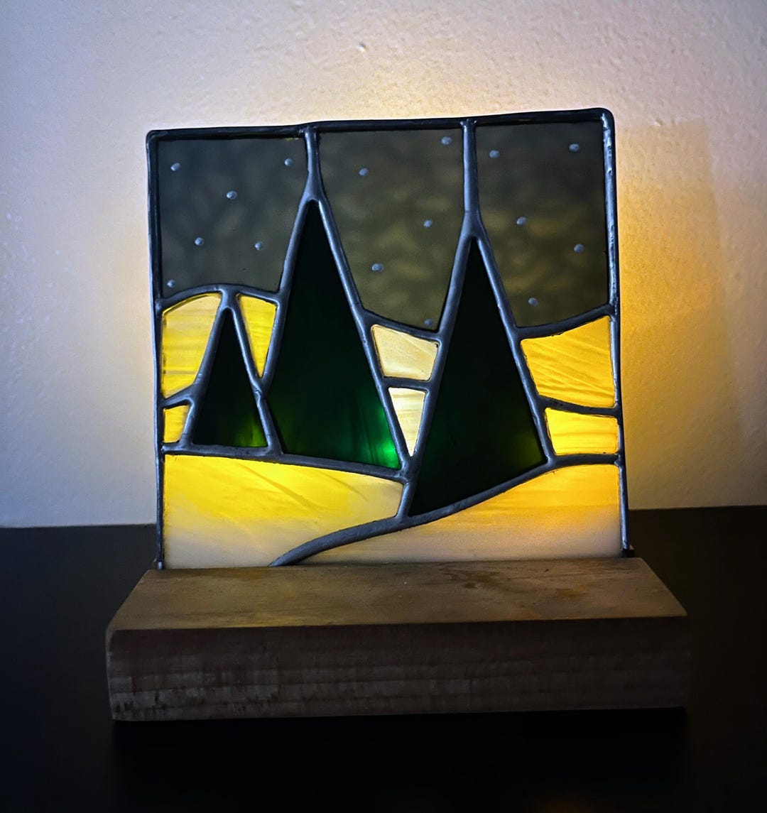 Stained Glass Pine Trees Winter Scene in Wood Stand - Etsy