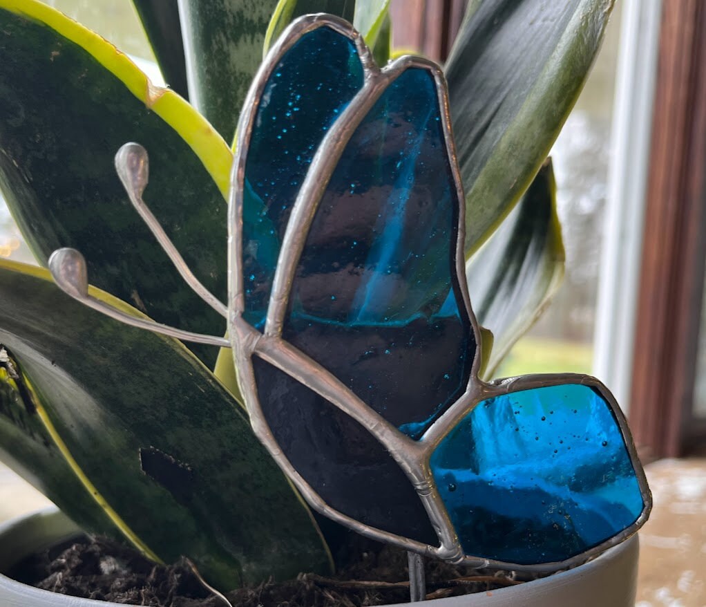 Stained Glass Blue Butterfly Planter Stake - Etsy