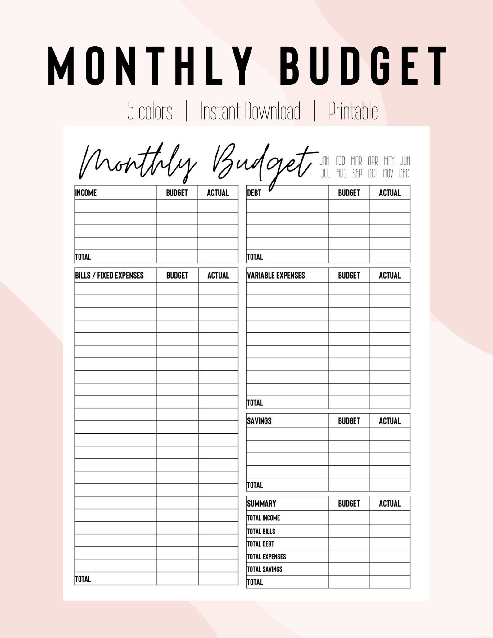 Monthly Budget Template - Etsy