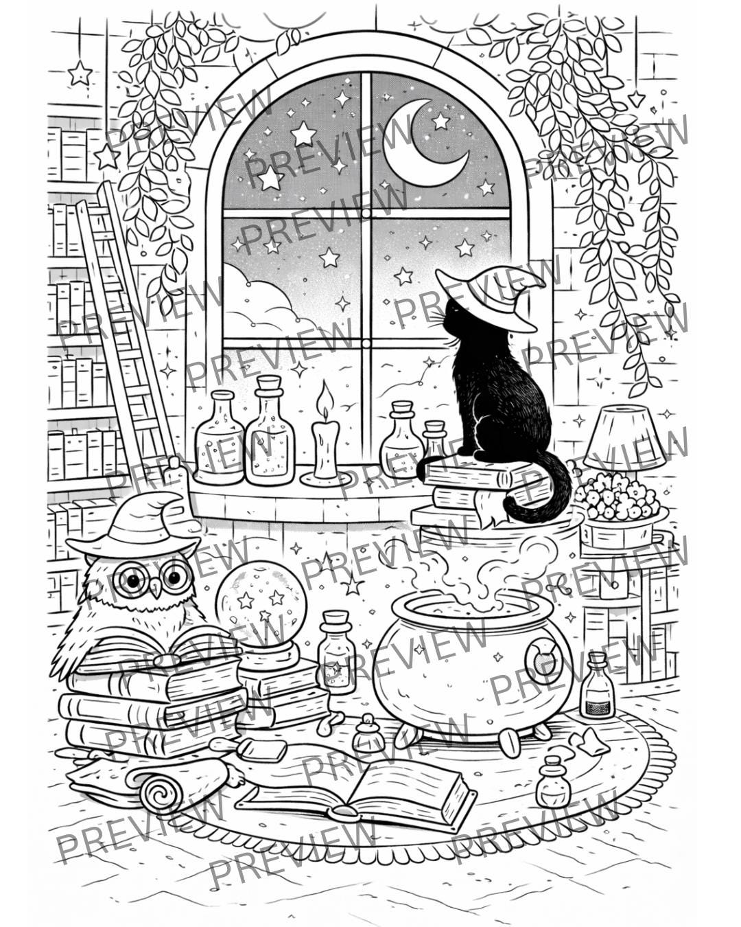 Kids' Magic Library Coloring Book – Witchy Fantasy Scenes (PDF Pattern ...