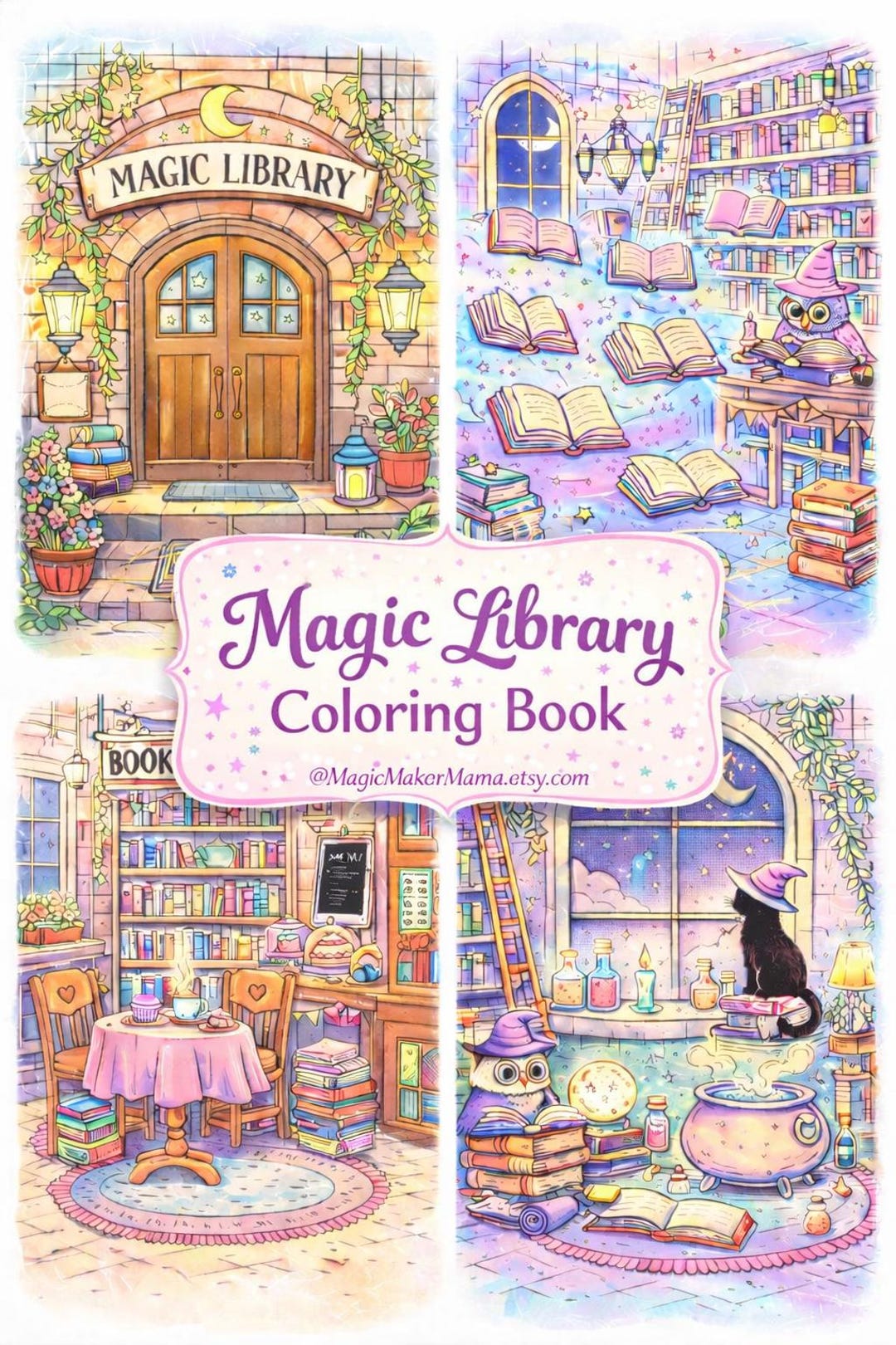 Magic Fantasy Coloring Pages for Kids – Cozy Library & Cute Witch ...