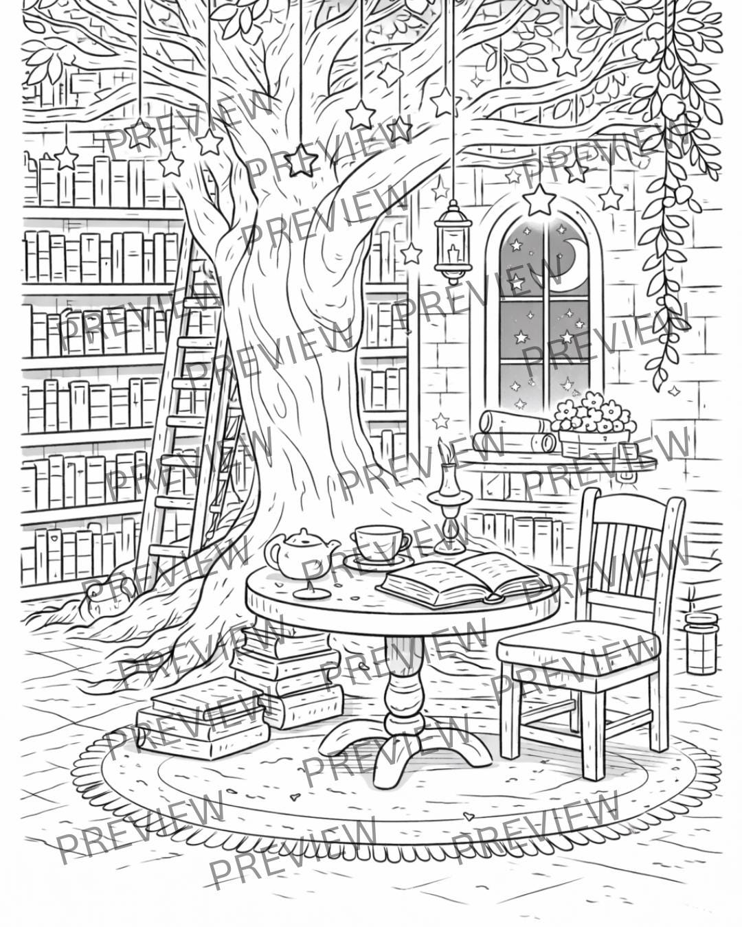 Kids' Magic Library Coloring Book – Witchy Fantasy Scenes (PDF Pattern ...