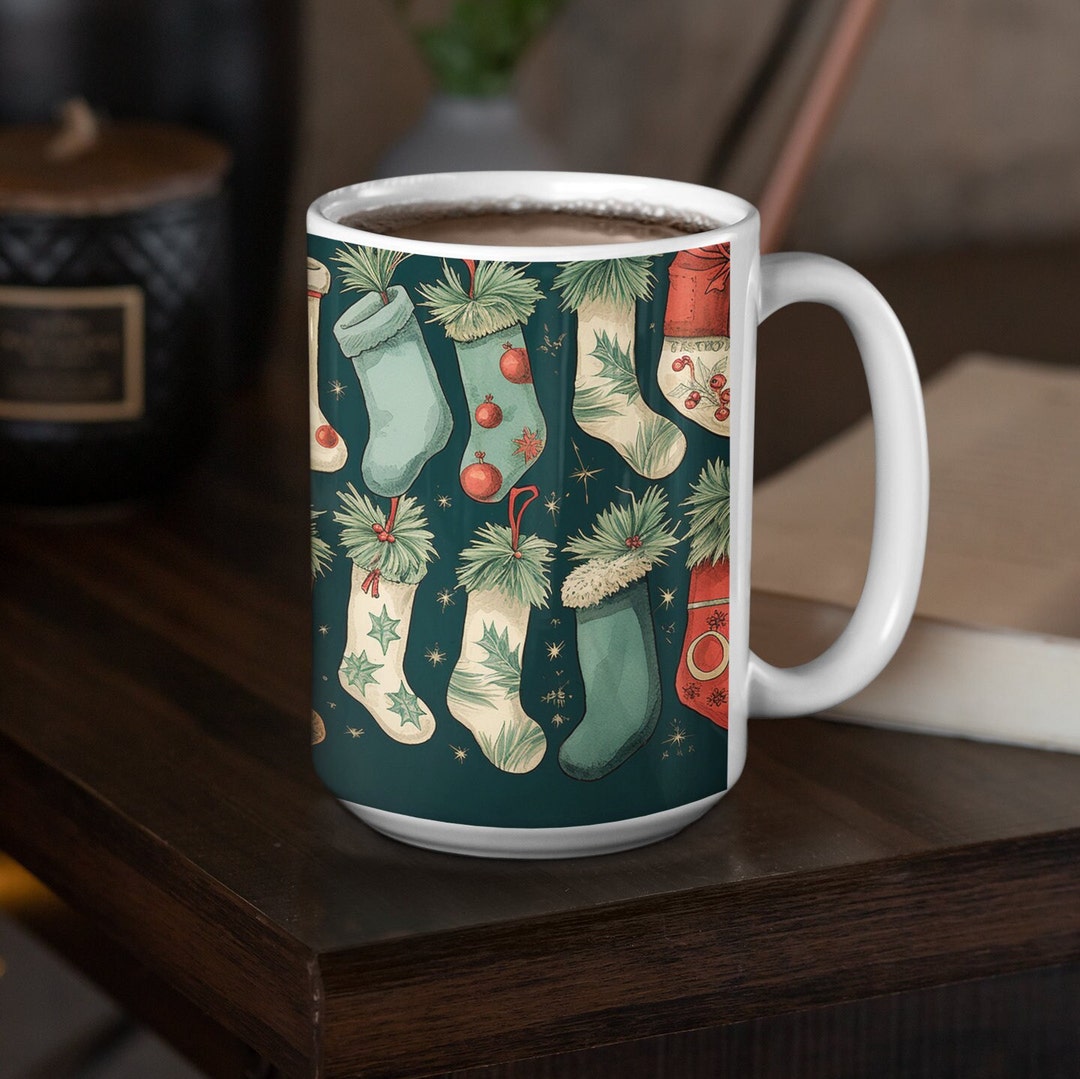 Retro Christmas Stockings Ceramic Mug, 15oz Size, Vintage Christmas Mug ...