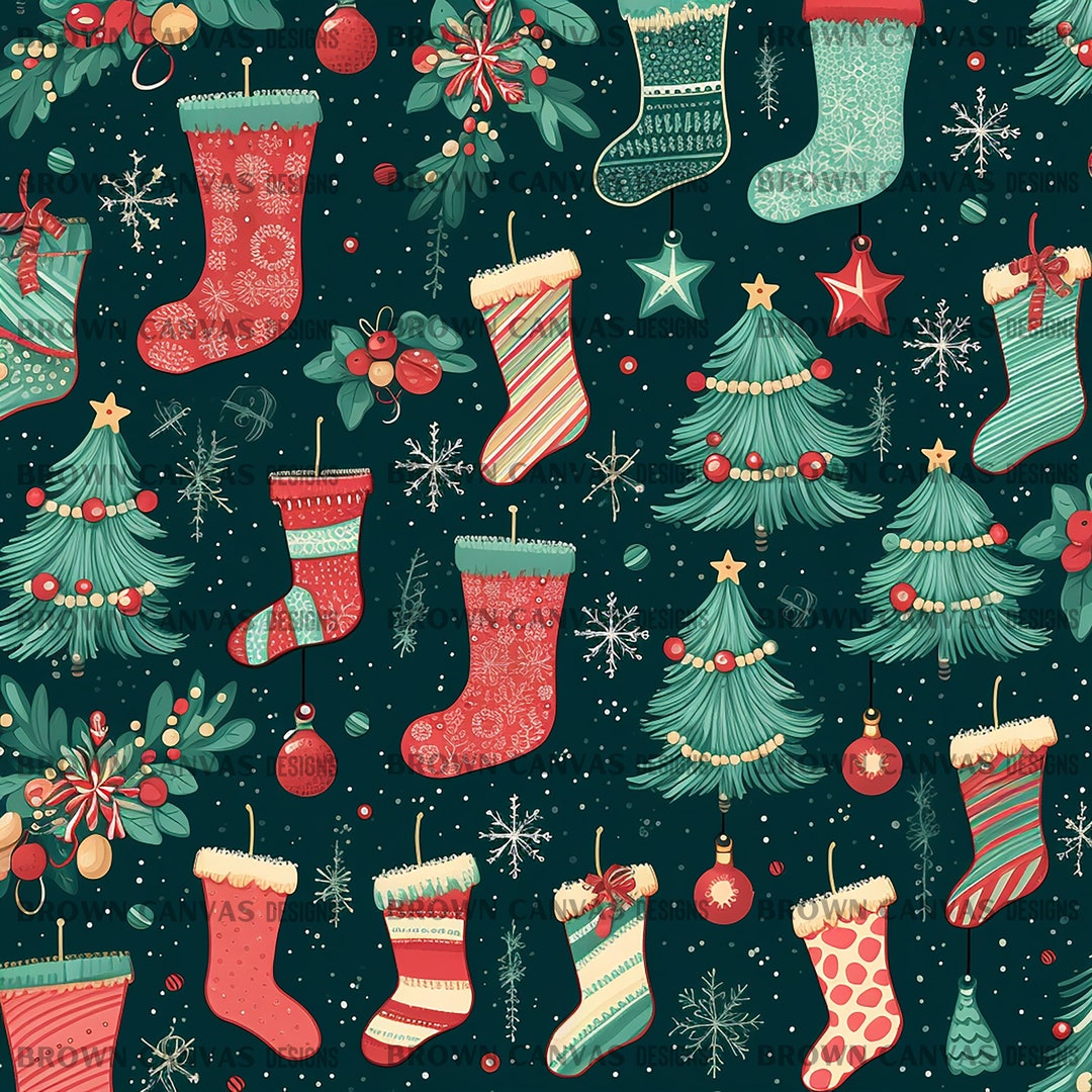 Festive Christmas Trees and Stockings PNG, Holiday Crafts, Vintage ...