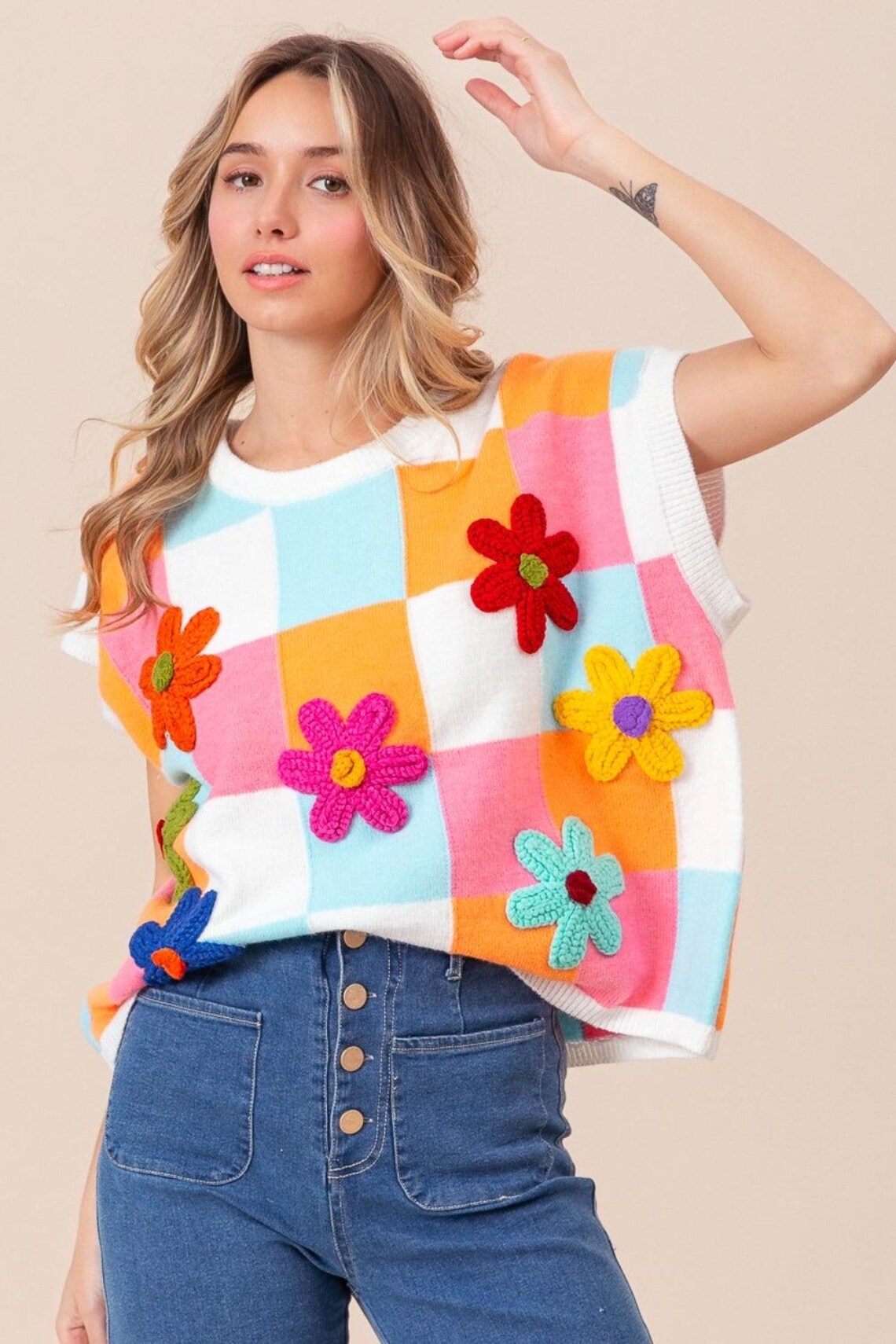 Bibi Flower Patch Checkered Sweater Vest - Etsy