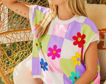Bibi Flower Patch Checkered Sweater Vest - Etsy