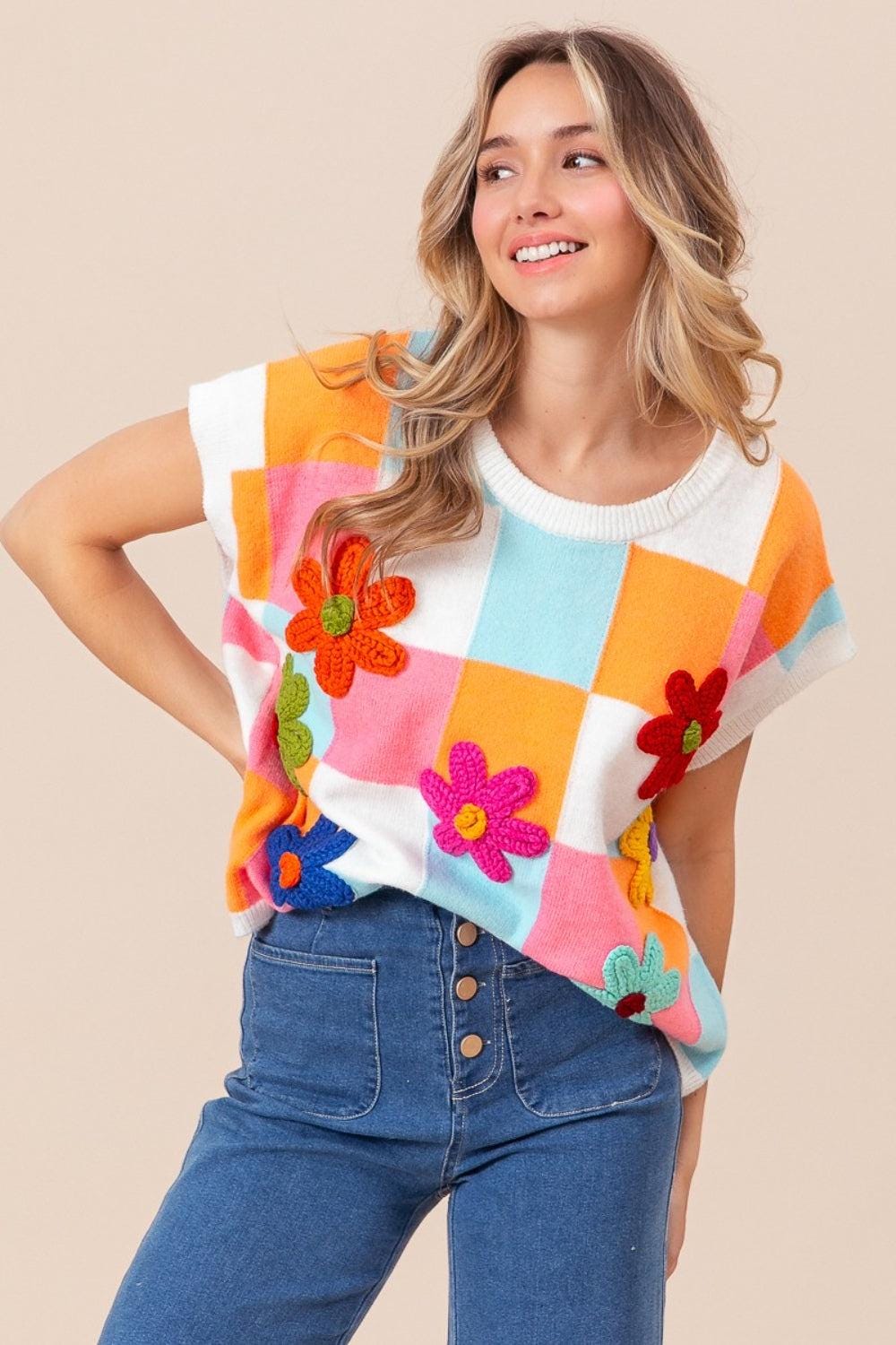Bibi Flower Patch Checkered Sweater Vest - Etsy