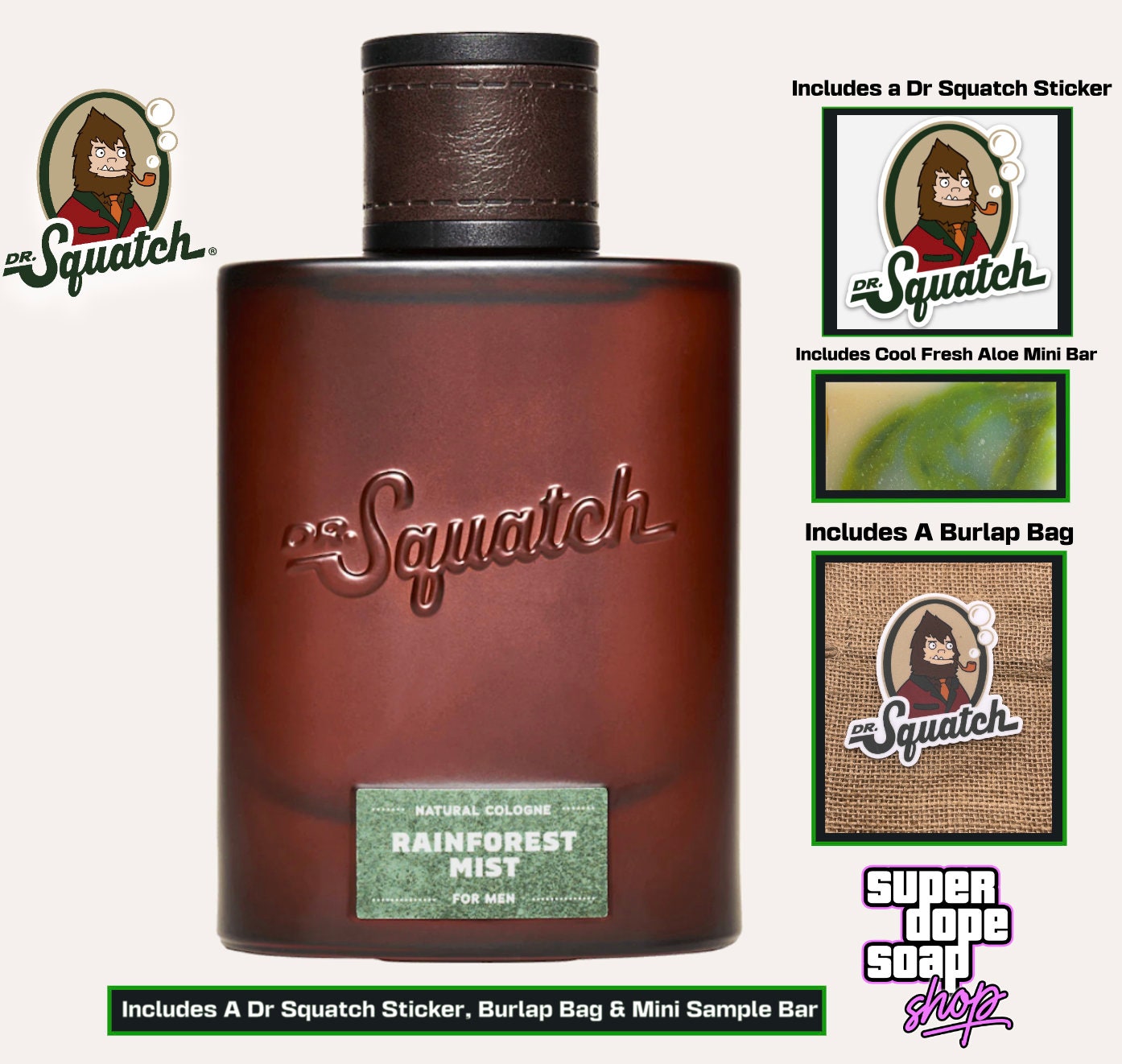 New Dr. Squatch rain Forest Mist Cologne and Bar Set With Dr Squatch Sticker, Burlap Bag and ...