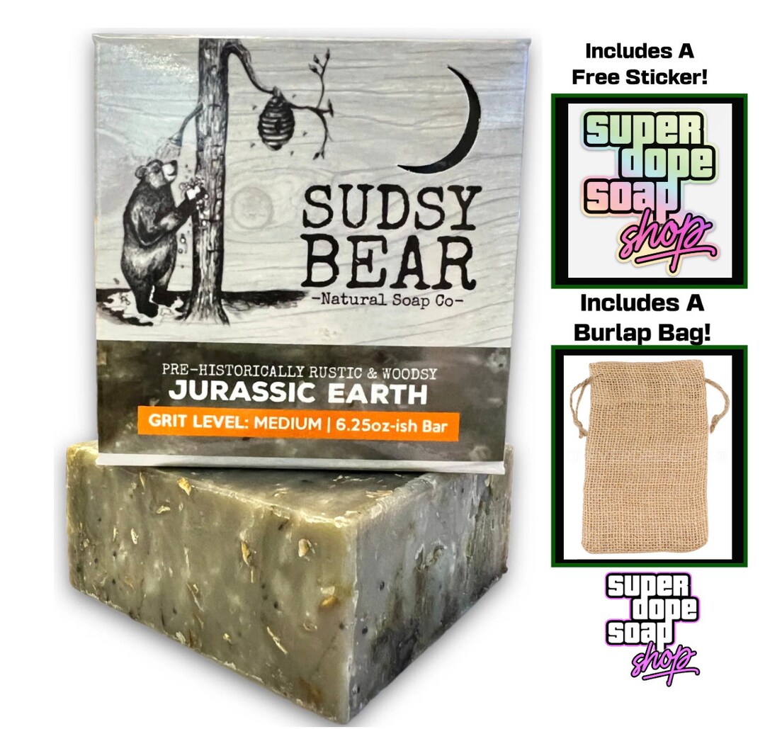 New SUDSY BEAR Soap Jurassic Earth Soap Bar With Burlap Bag, Sticker ...