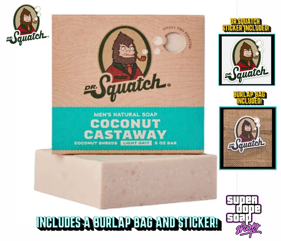 New Dr Squatch COCONUT CASTAWAY Bar With Dr Squatch Sticker and Burlap ...