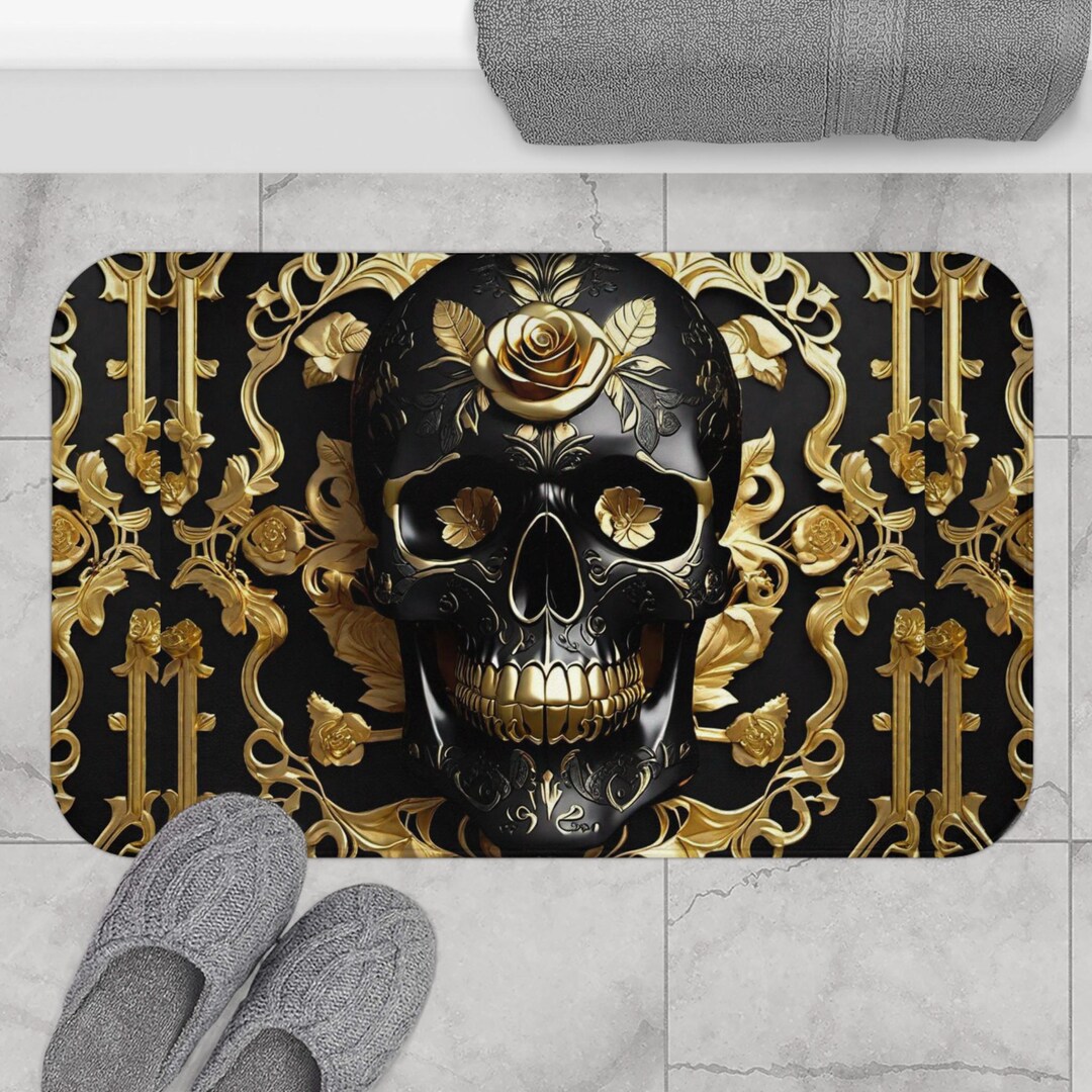 Gothic Bath Mat - Black and Gold Skull Bathroom Floor Rug - Elegant ...