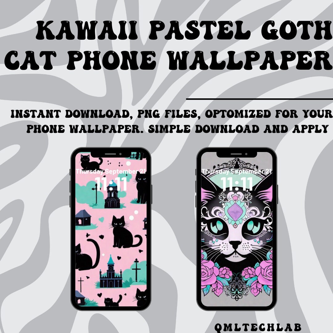 Kawaii Black Cat iPhone Wallpaper Bundle, Phone Lock Screen, Pastel ...