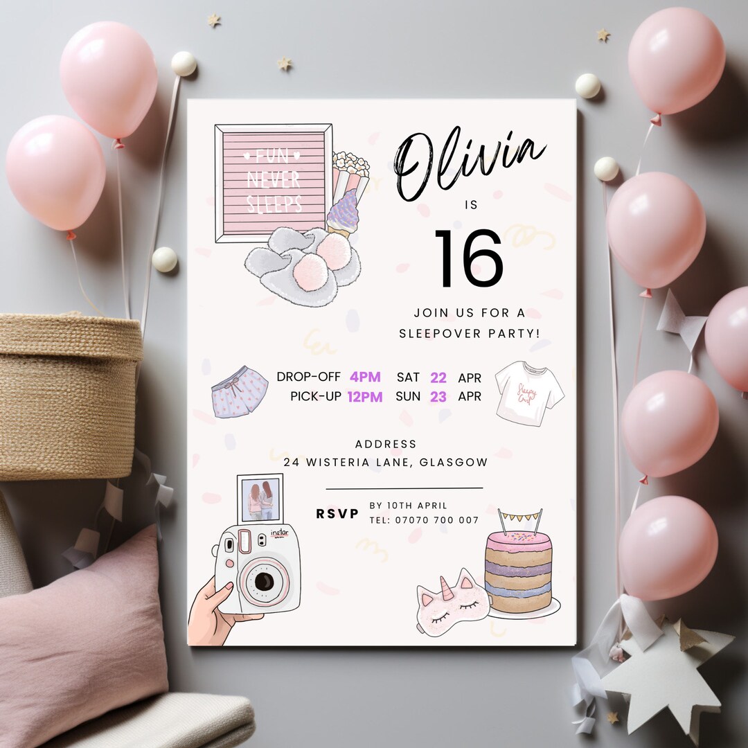 16th Birthday Teen Sleepover Party Invitation - Etsy