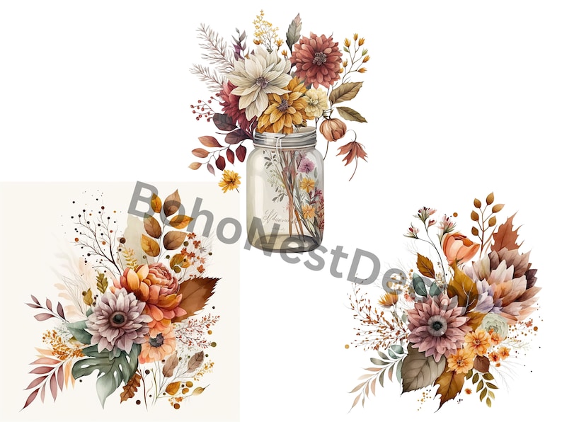 Autumn Floral Clipart, Flower Bouquet Digital Art, Boho Watercolor ...