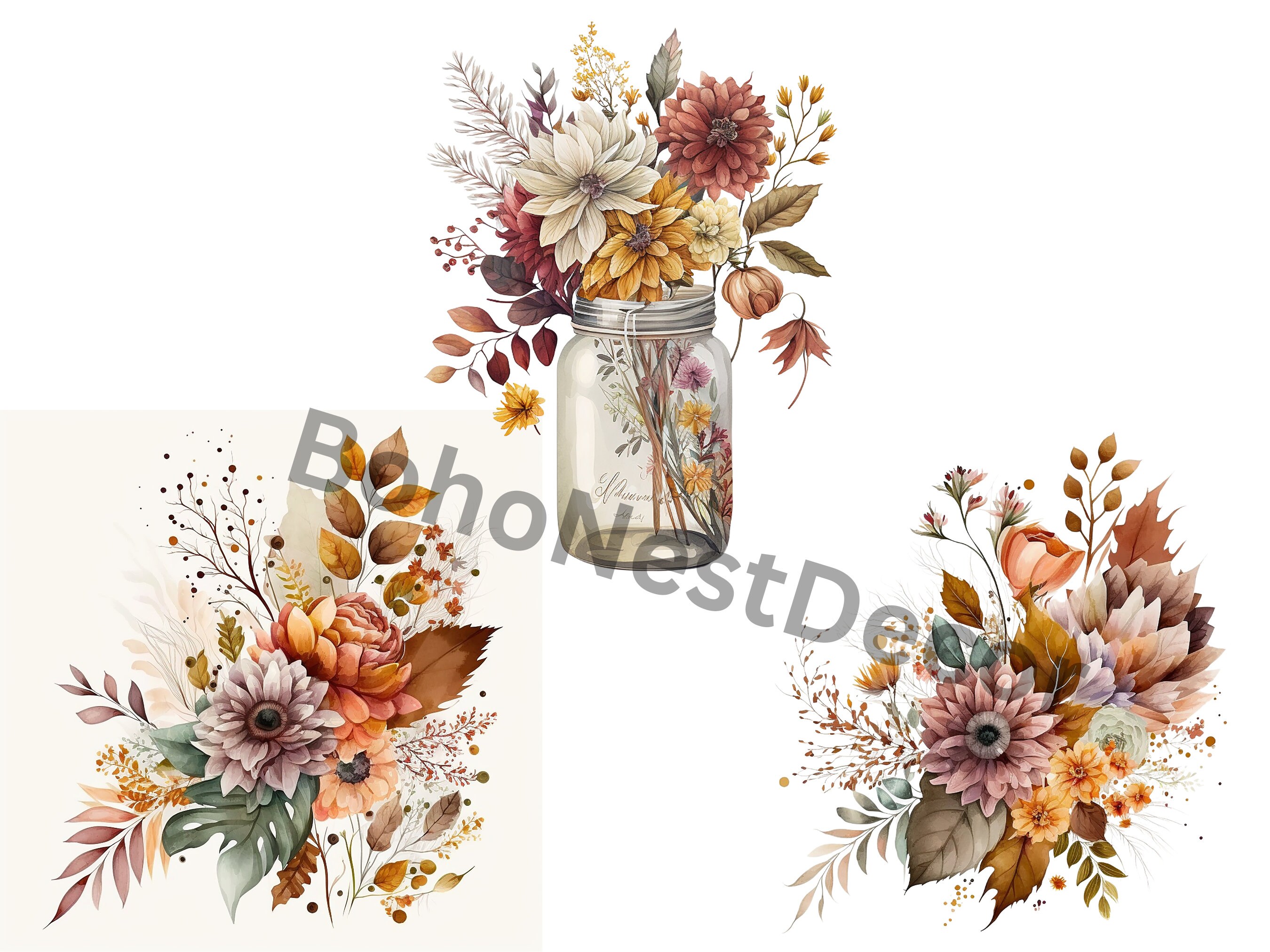 Autumn Floral Clipart, Flower Bouquet Digital Art, Boho Watercolor ...