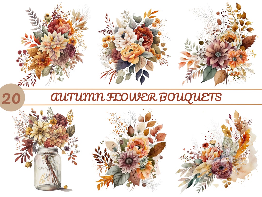 Autumn Floral Clipart, Flower Bouquet Digital Art, Boho Watercolor ...