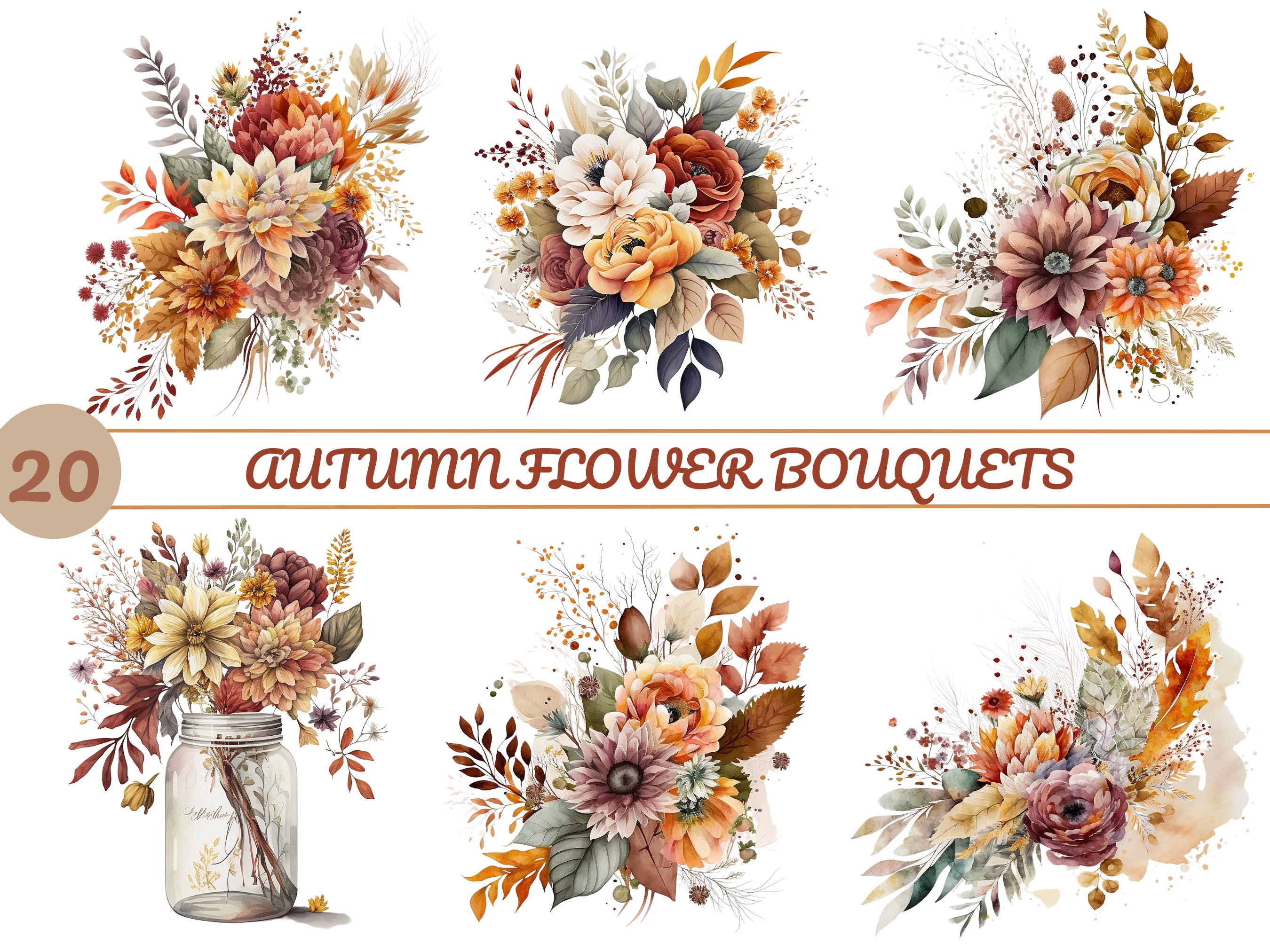 Autumn Floral Clipart, Flower Bouquet Digital Art, Boho Watercolor ...