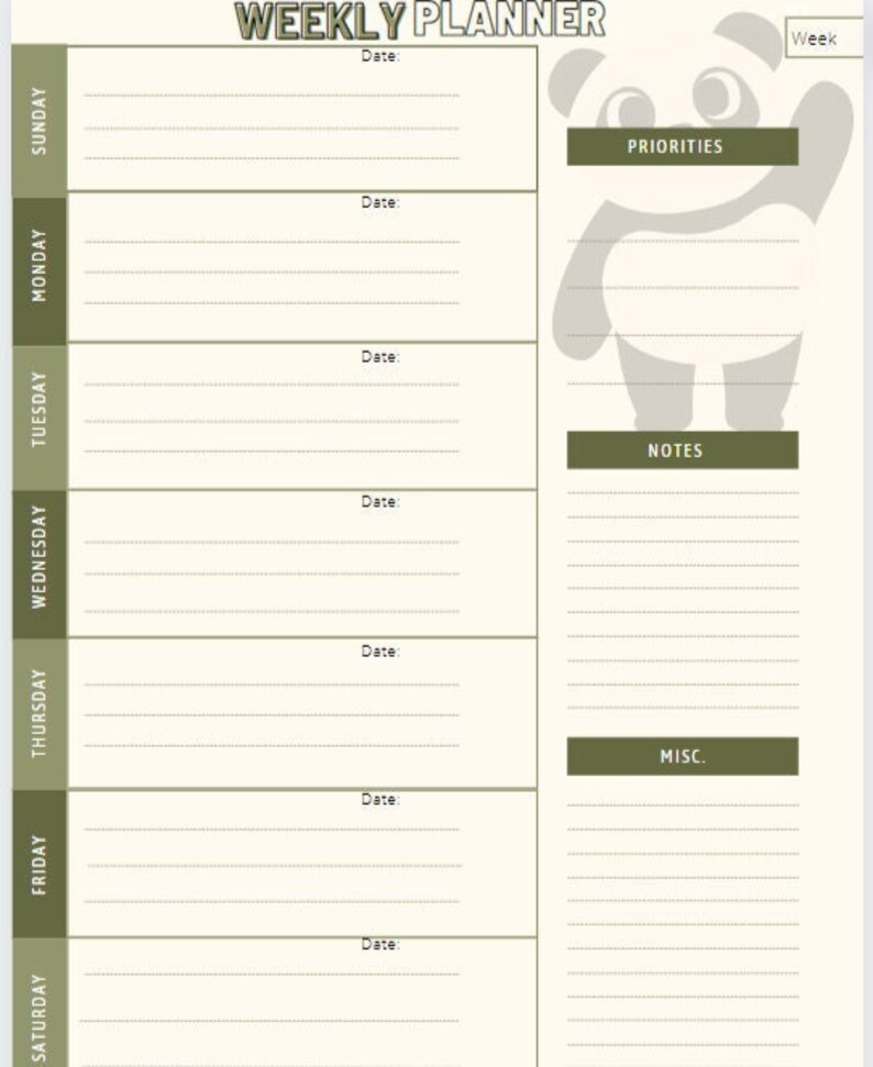 Weekly Planner With Panda Background - Etsy