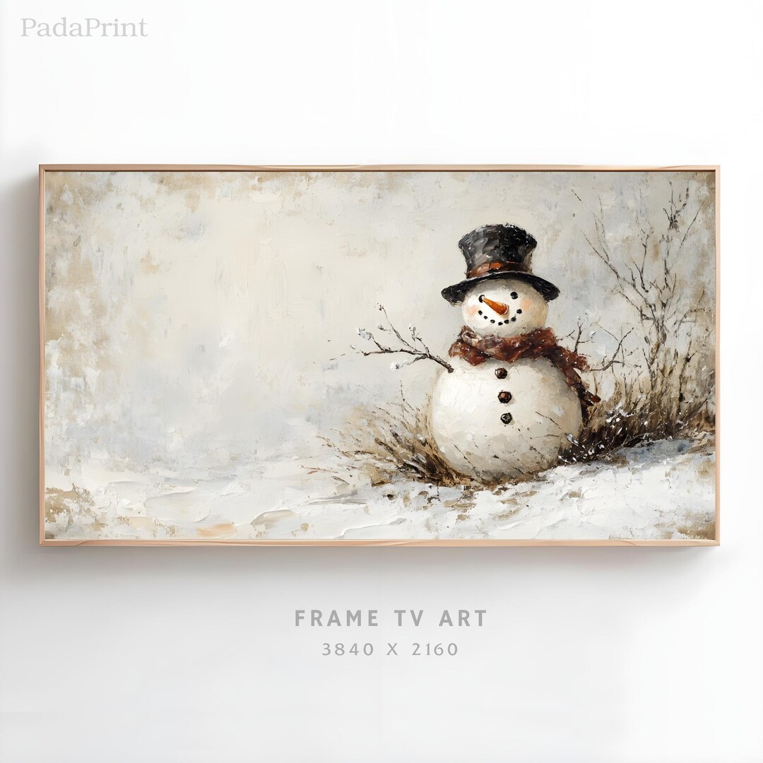 Vintage Snowman Christmas Frame Tv Art, Neutral Winter Painting Holiday ...