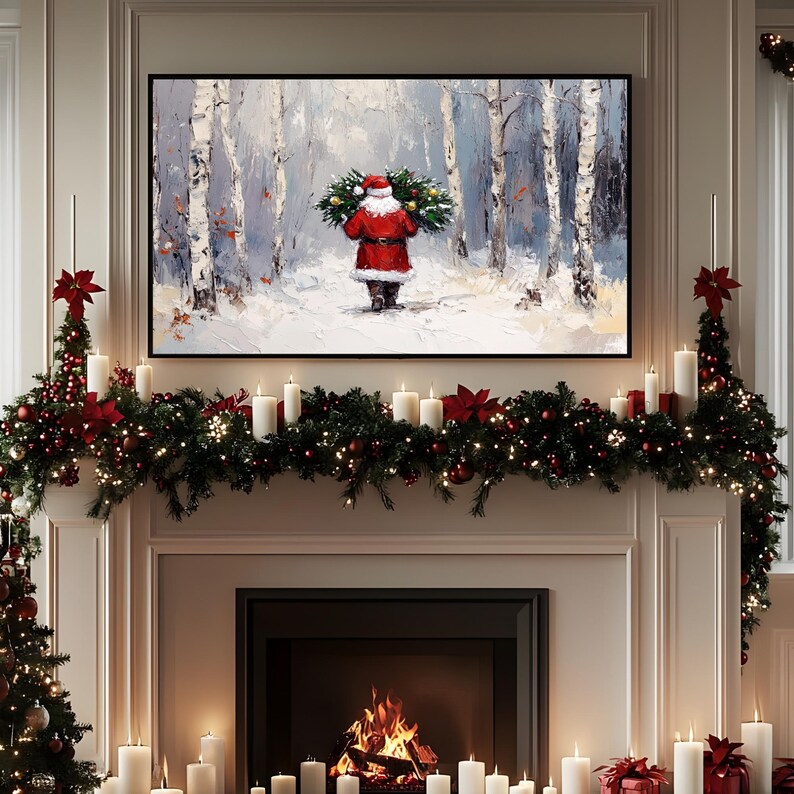 Vintage Santa Claus Christmas Frame Tv Art, Neutral Winter Painting ...