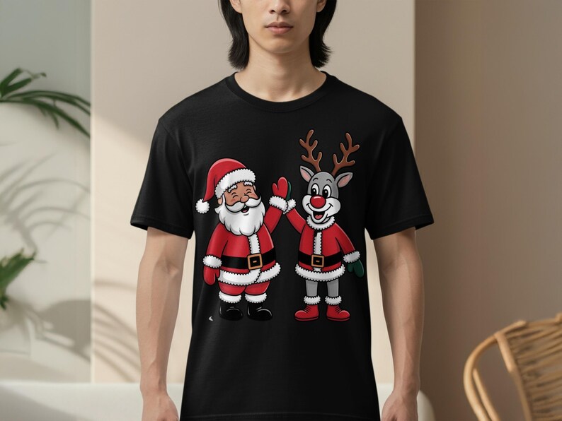 Santa and Reindeer High Five Christmas T-shirt, Cartoon Design - Etsy