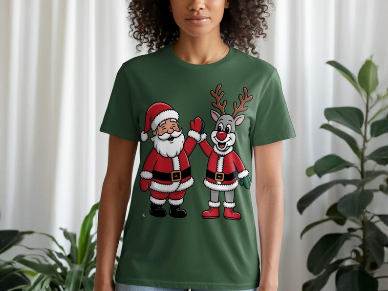 Santa and Reindeer High Five Christmas T-shirt, Cartoon Design - Etsy