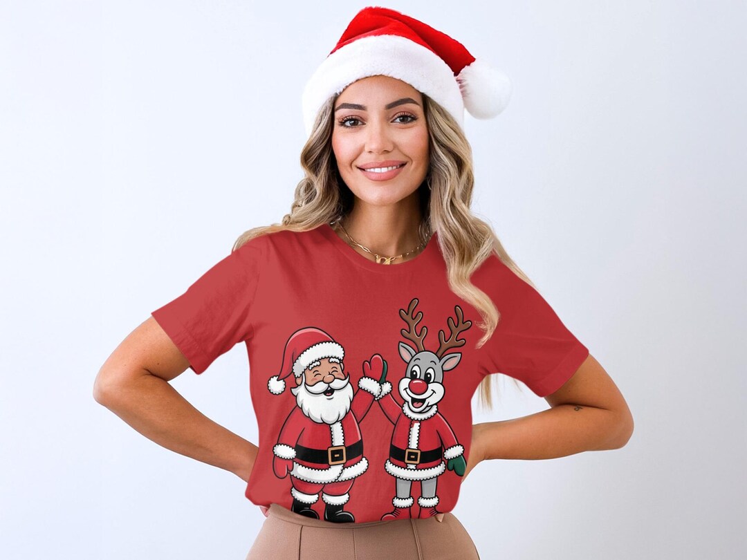 Santa and Reindeer High Five Christmas T-shirt, Cartoon Design - Etsy