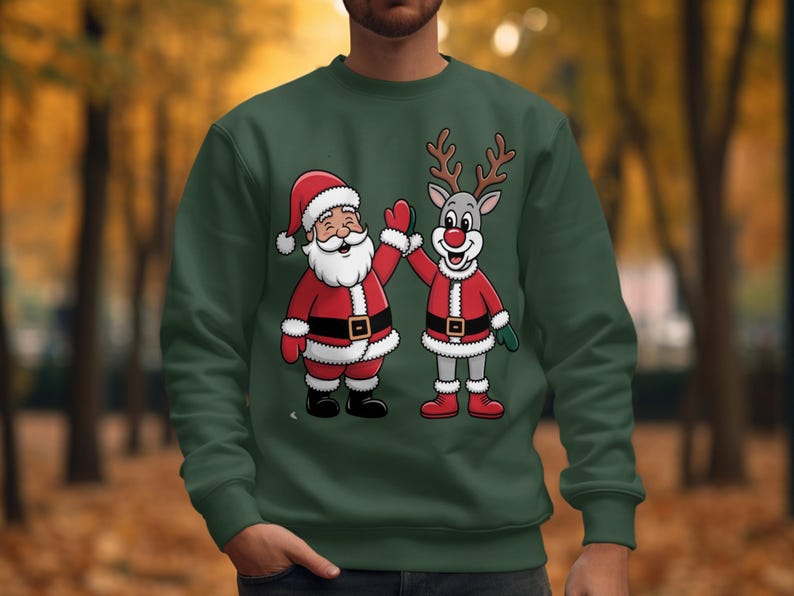 Santa and Reindeer High Five Christmas T-shirt, Cartoon Design - Etsy
