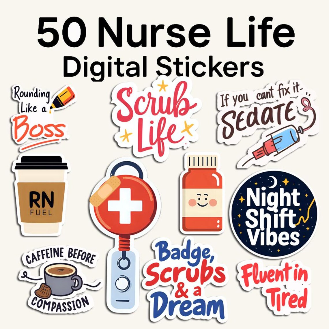 50 Nurse Life Digital Stickers – Transparent Pngs for Goodnotes, CNA ...