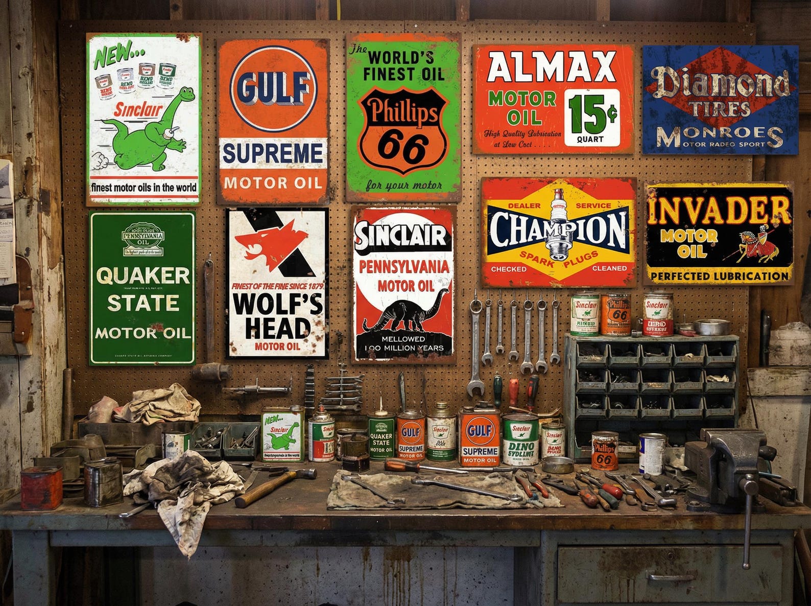Vintage Gas & Oil Sign Bundle (10 Pieces): Metal Signs for Garage, Man ...