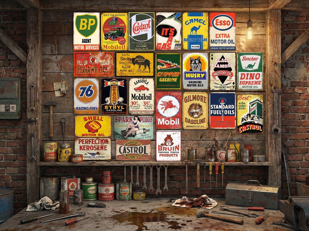 Vintage Gas & Oil Metal Sign Set: 24-piece Rustic Garage Decor - Etsy